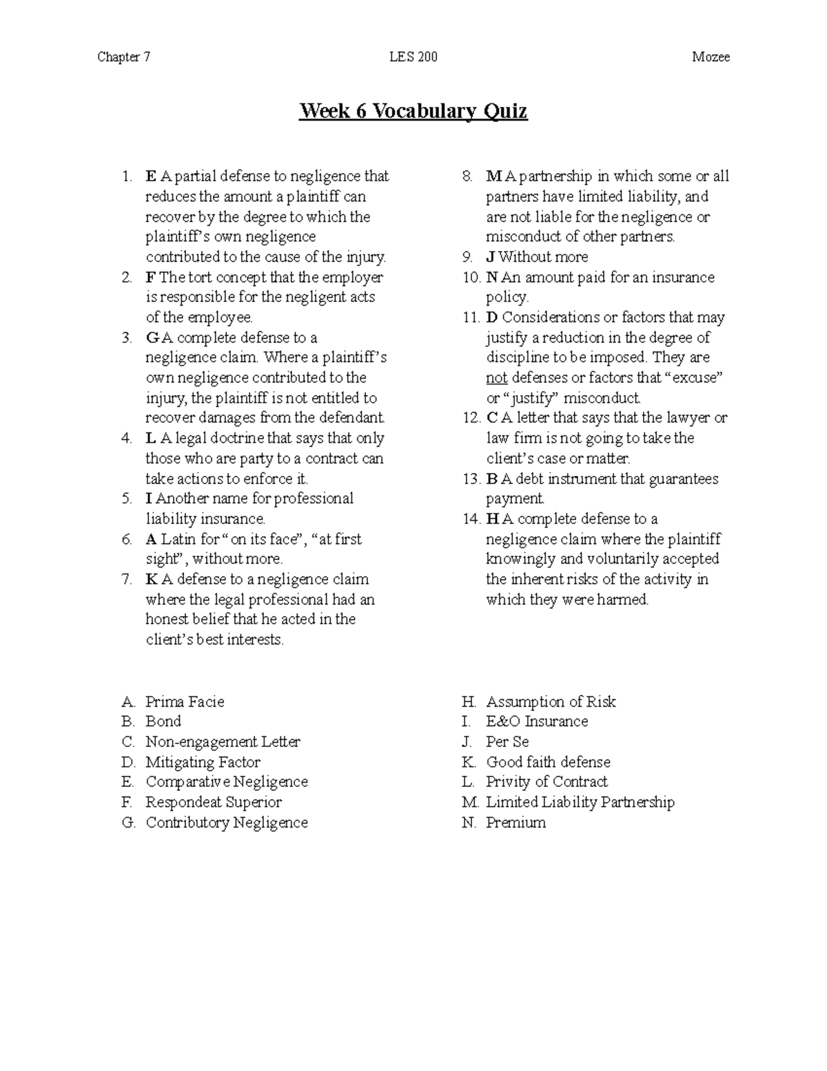 Week 6 Vocabulary Quiz - 7 - Chapter 7 LES 200 Mozee Week 6 Vocabulary ...