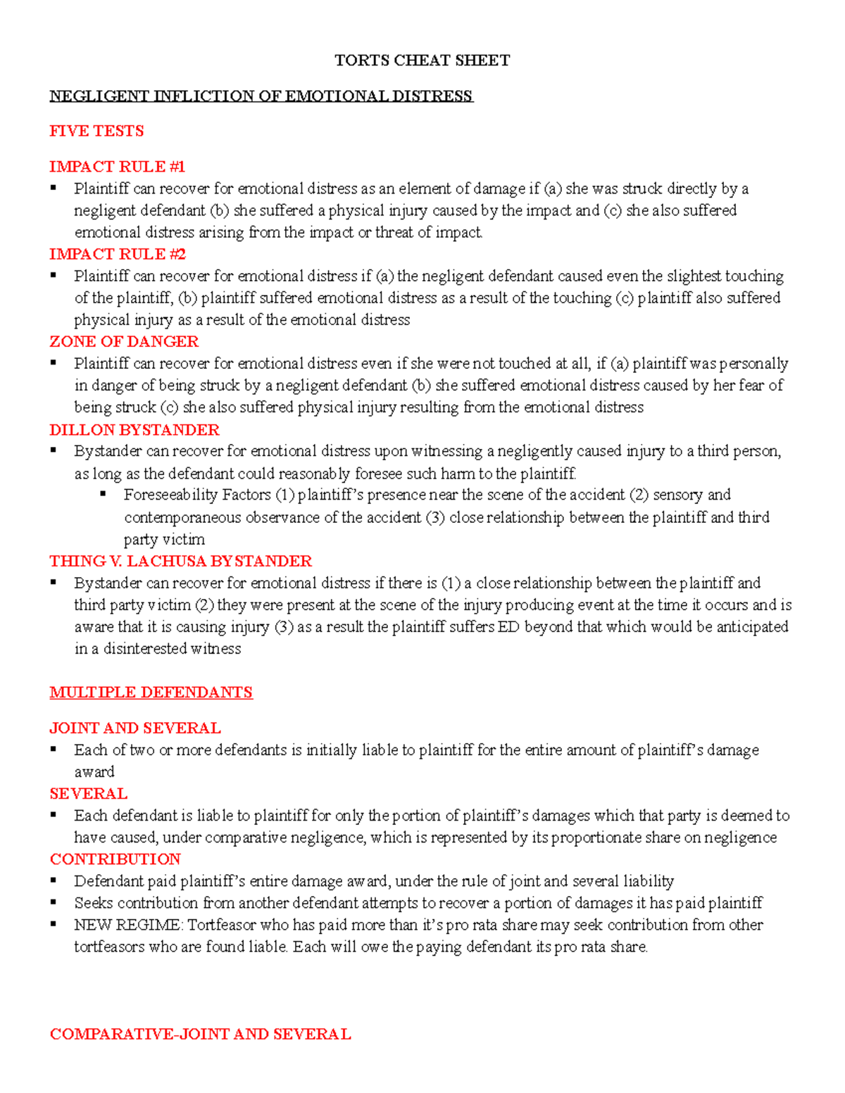 Torts Cheat Sheet Spring 2012 - TORTS CHEAT SHEET NEGLIGENT INFLICTION ...