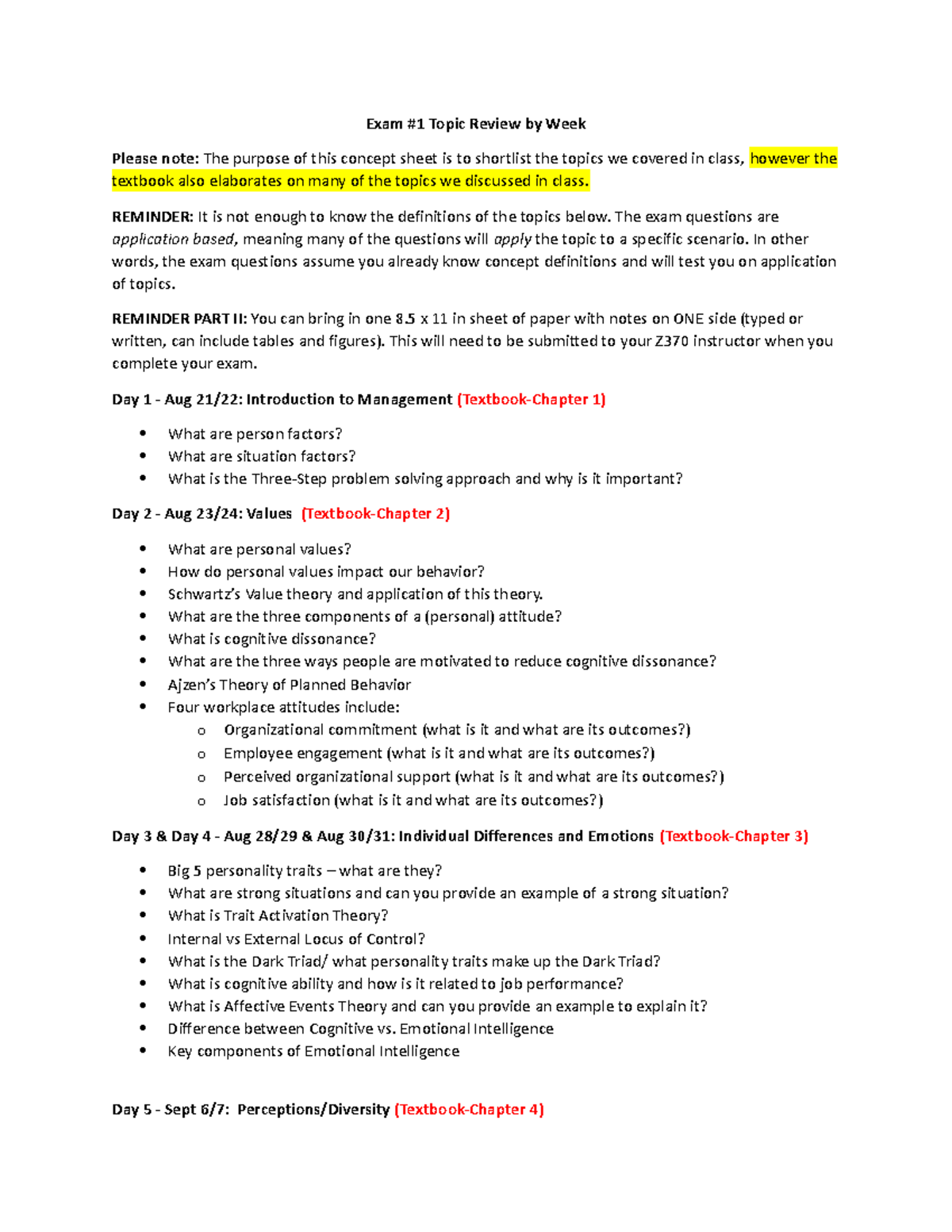 Exam 1 Topic Guide (Fall 2023) 1 - Exam #1 Topic Review by Week Please ...