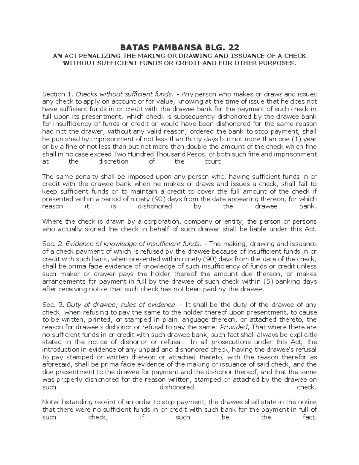 BP 22 Antibouncing checks law notes - BATAS PAMBANSA BLG. 22 AN ACT ...