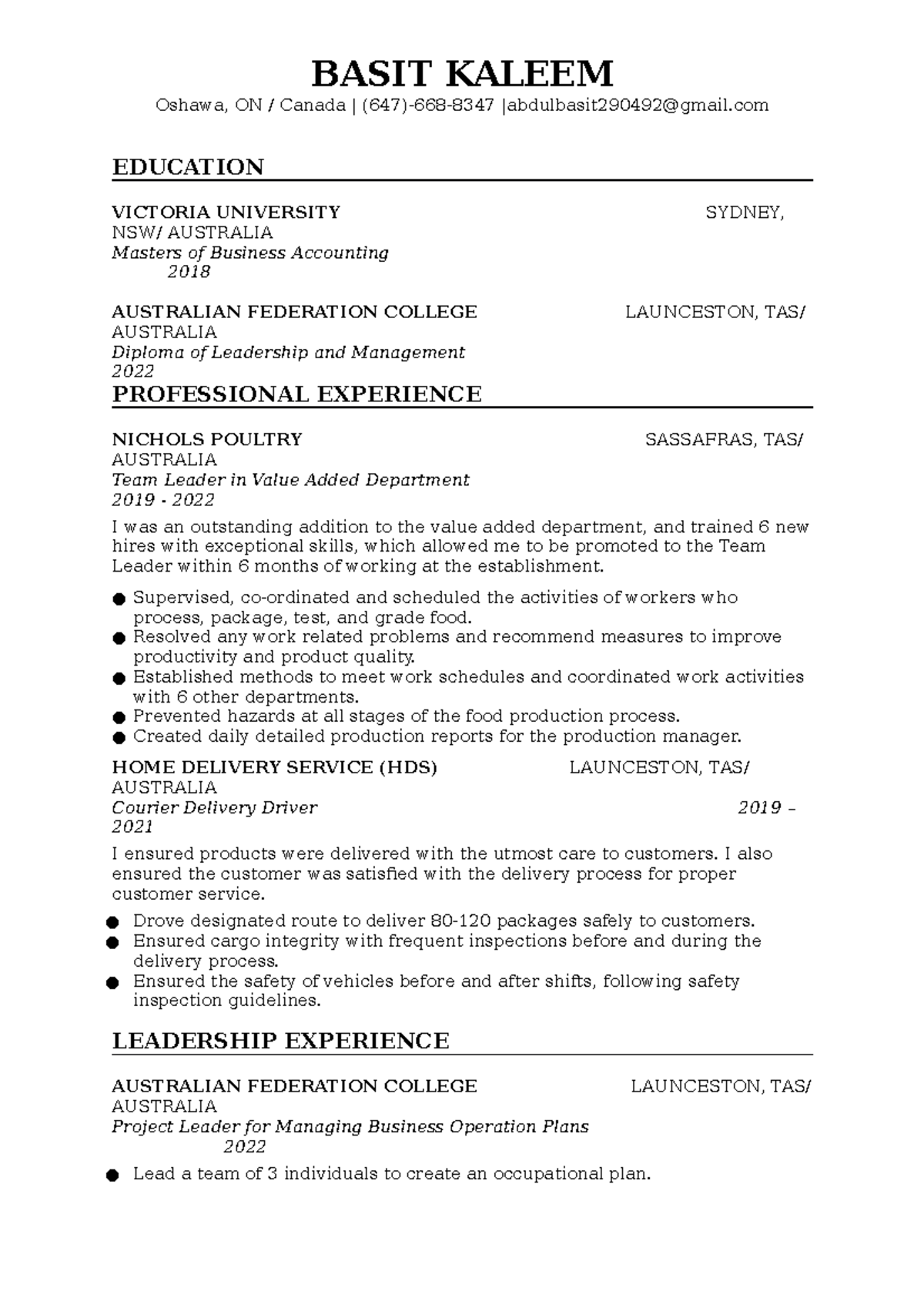 Basit Resume - BASIT KALEEM Oshawa, ON / Canada | (647)-668-8347 |abdulbasit290492@gmail ...