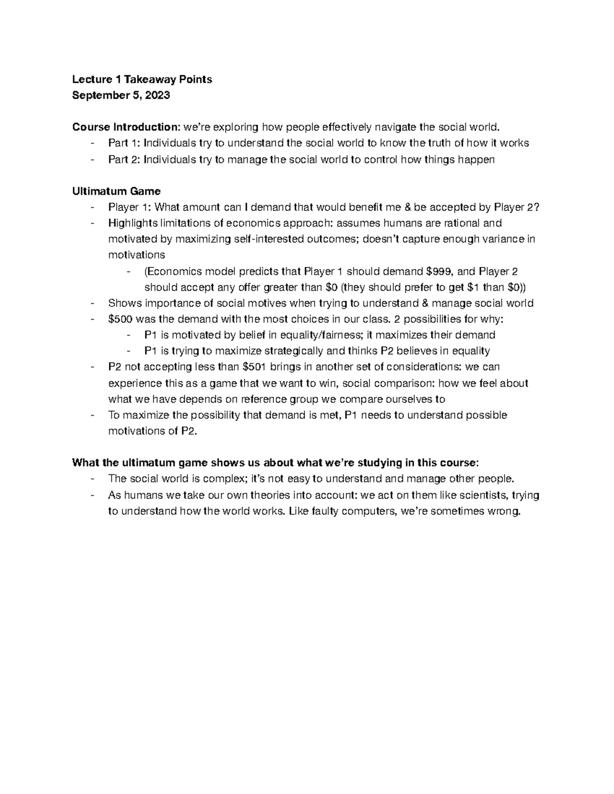 Lecture 1 Takeaways 23 - Lecture 1 Takeaway Points September 5, 2023 ...