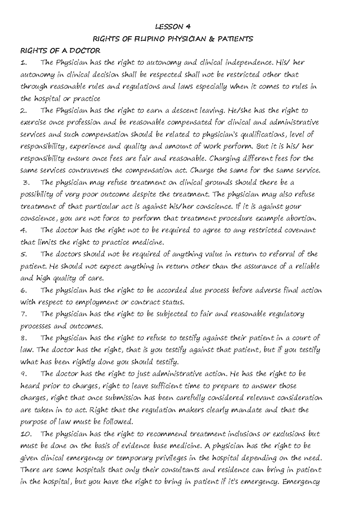4 - Med practice - LESSON 4 RIGHTS OF FILIPINO PHYSICIAN & PATIENTS ...