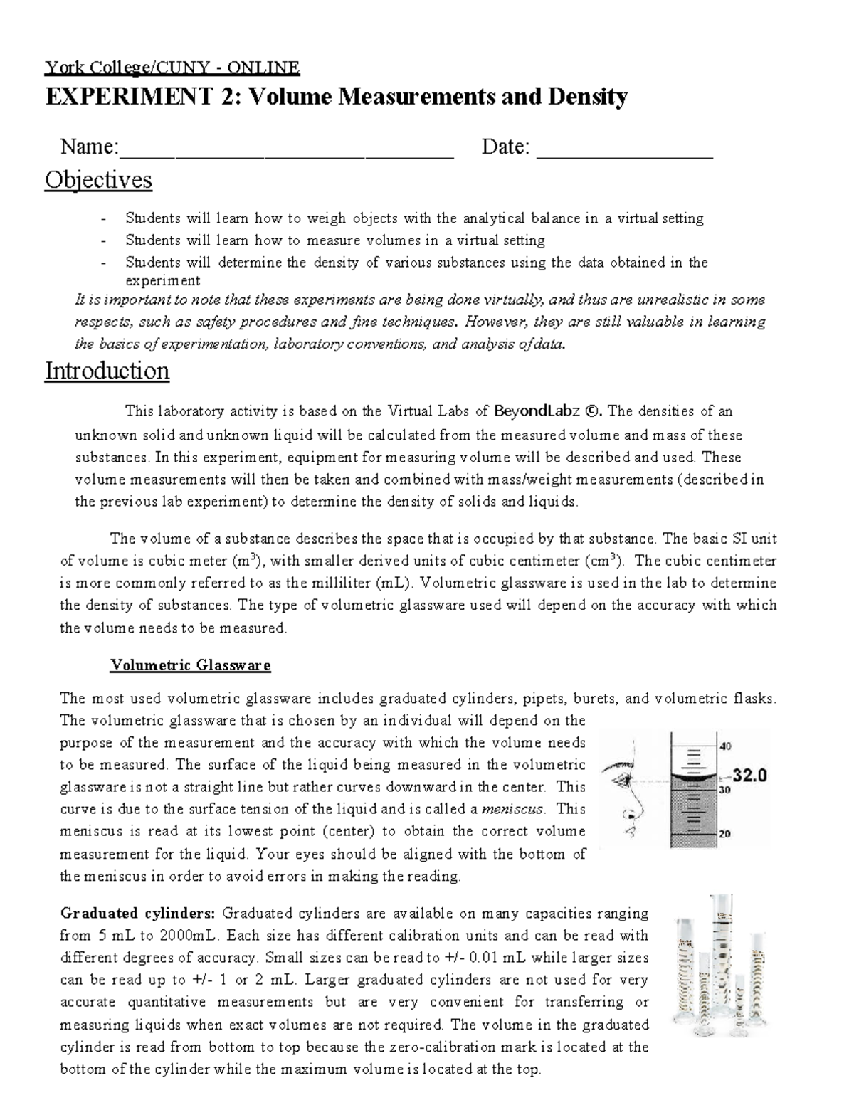 CHEM107 Lab Experiment #2 Volume Measurements and Density Online - York ...