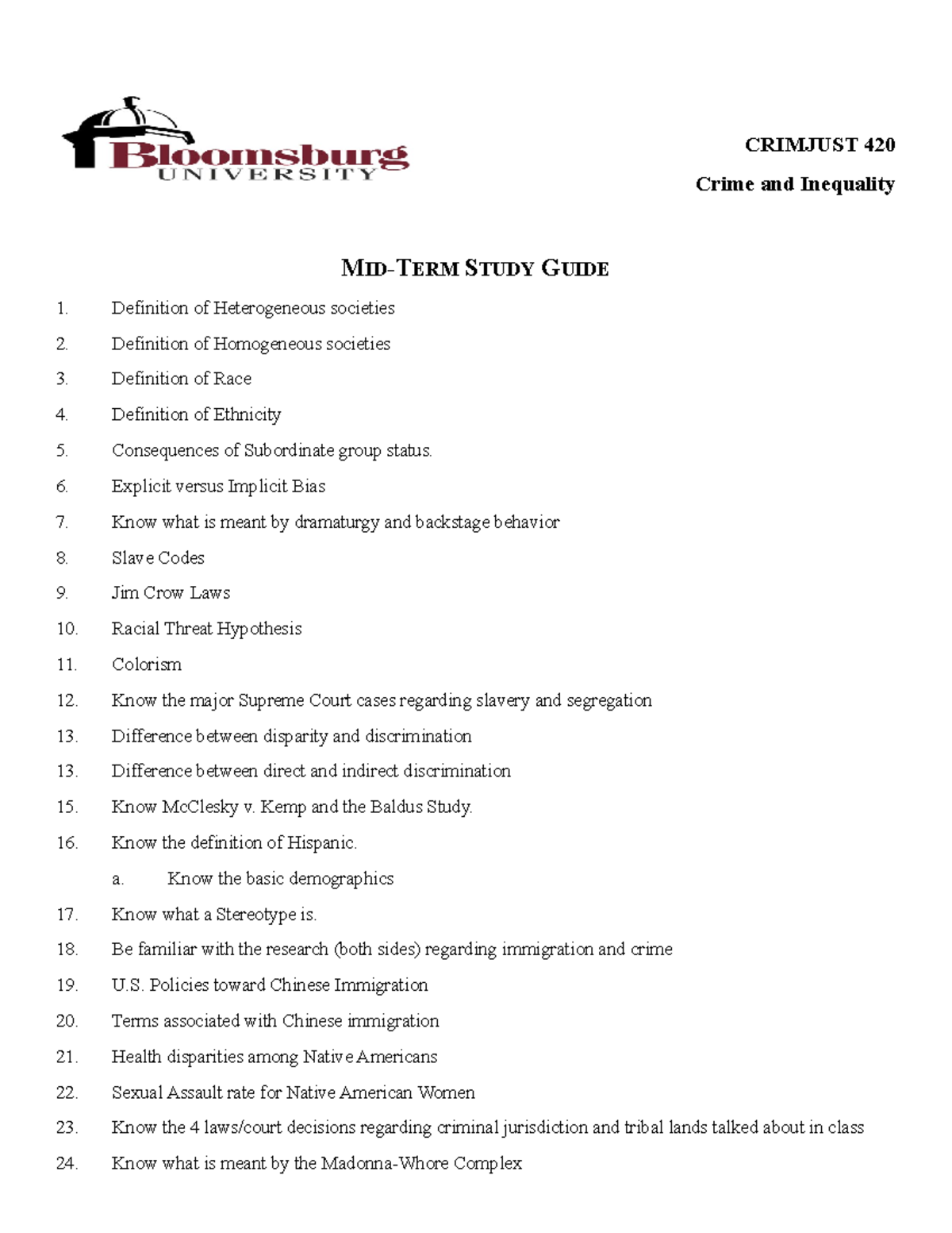 Mid Term Study Guide - CRIMJUST 420 Crime and Inequality MID-TERM STUDY ...