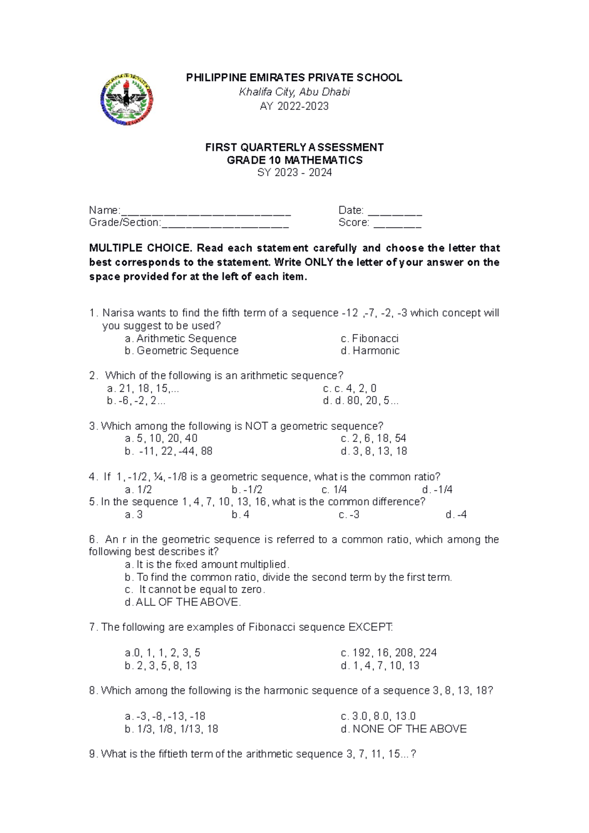 1st Periodic Test - Math 10 - PHILIPPINE EMIRATES PRIVATE SCHOOL ...