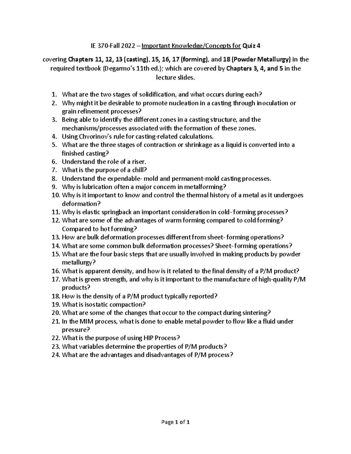 Quiz4-Knowledge-Concepts - Page 1 of 1 IE 370-Fall 2022 – Important Knowledge/Concepts for Quiz ...