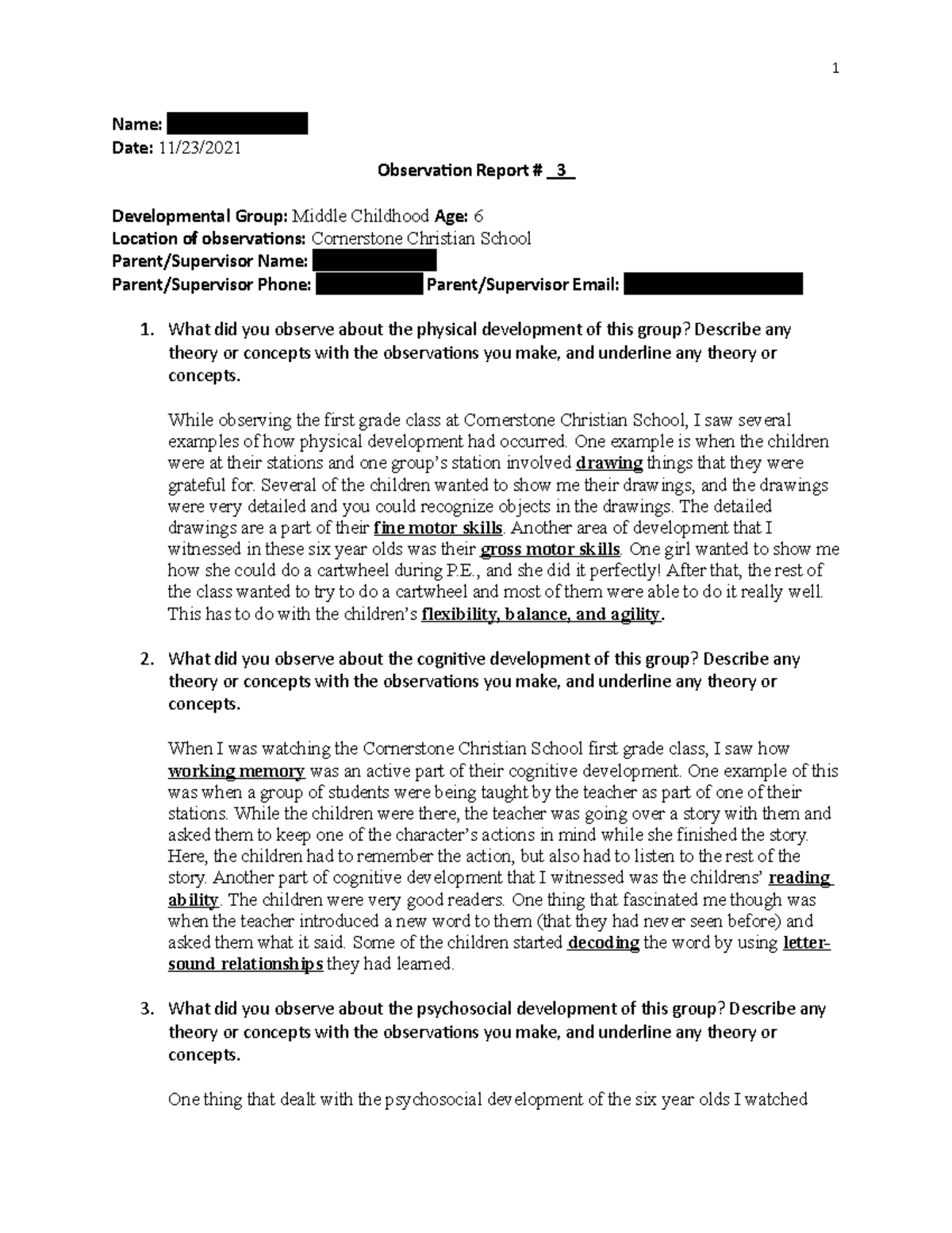 Observation Report 3 - 1 Name: Grayson Chapman Date: 11/23/ Observation ...