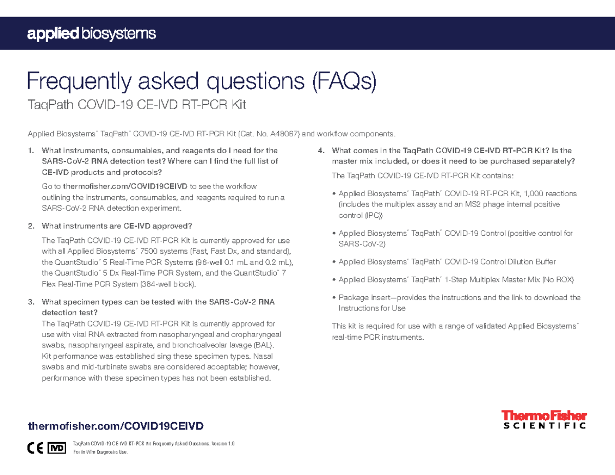 Frequently asked questions (FAQs) Covid 19 Taqman - TaqPath COVID‑19 CE‑IVD RT‑PCR Kit ...