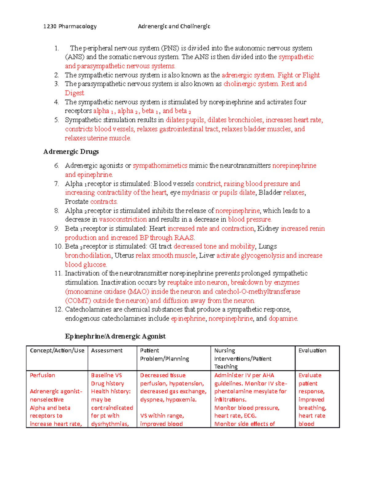 Adrenergic and Cholinergic worksheet with answers 2021 - 1. The ...