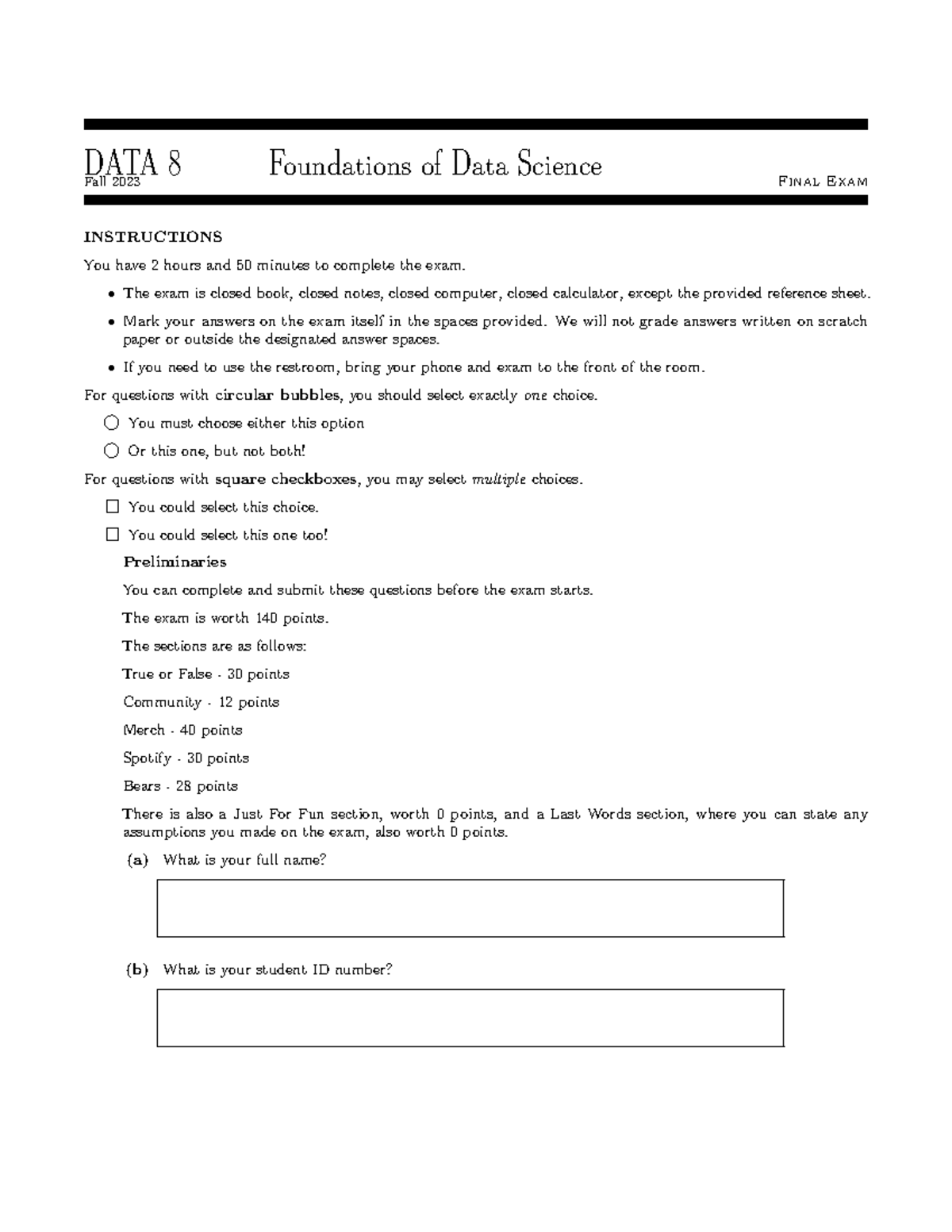 Data8-fa23-final - Data 8 Final - DATA 8 Foundations of Data Science Fall 2023 Final Exam - Studocu