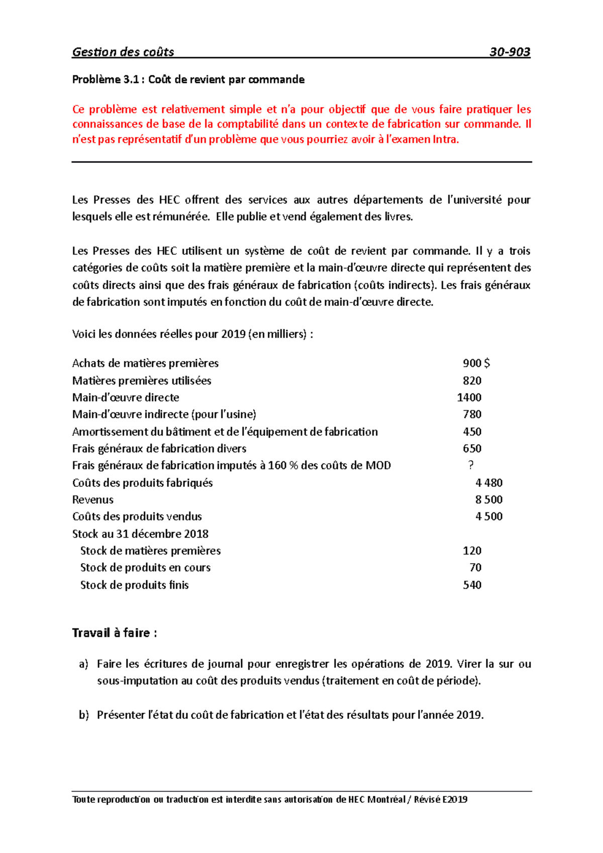 Probleme 3.1 A2019 - examn - Gesion des coûts 30- Problème 3 : Coût de ...