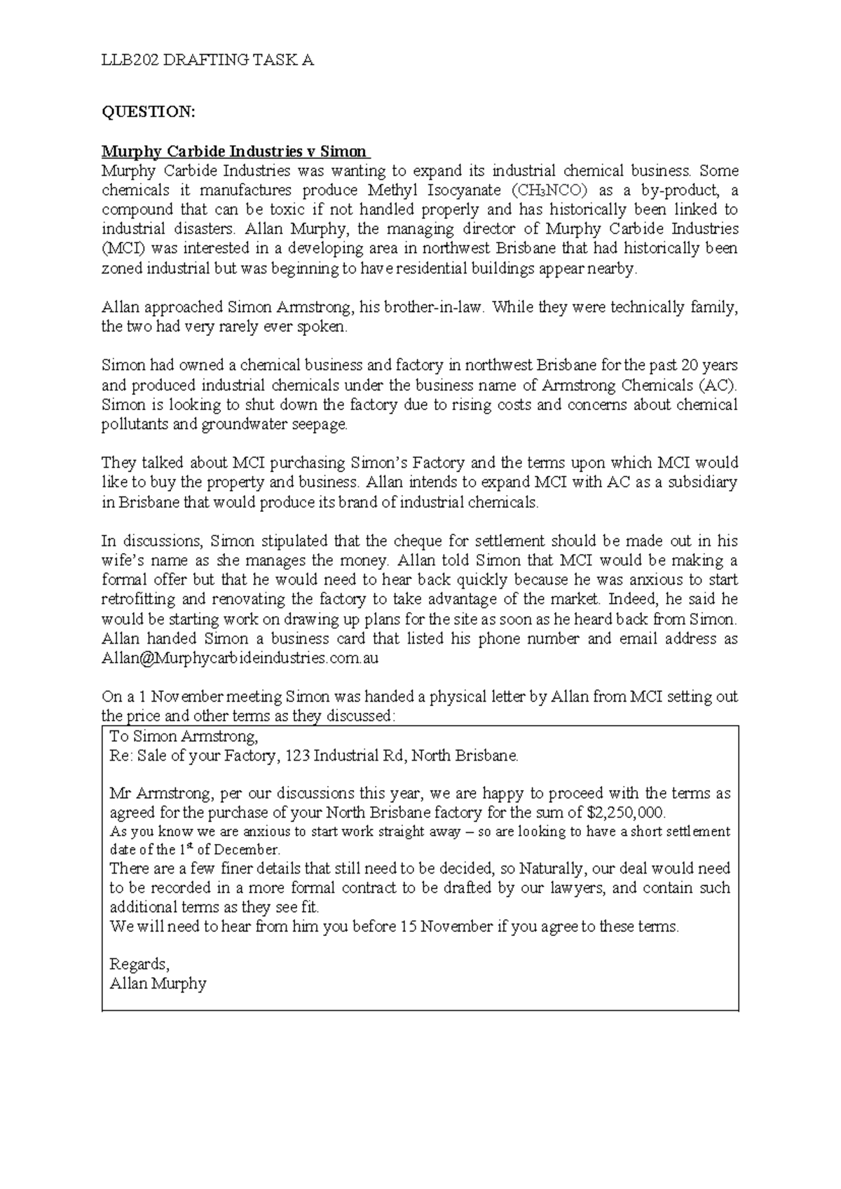 llb202 first drafting task - QUESTION: Murphy Carbide Industries v ...