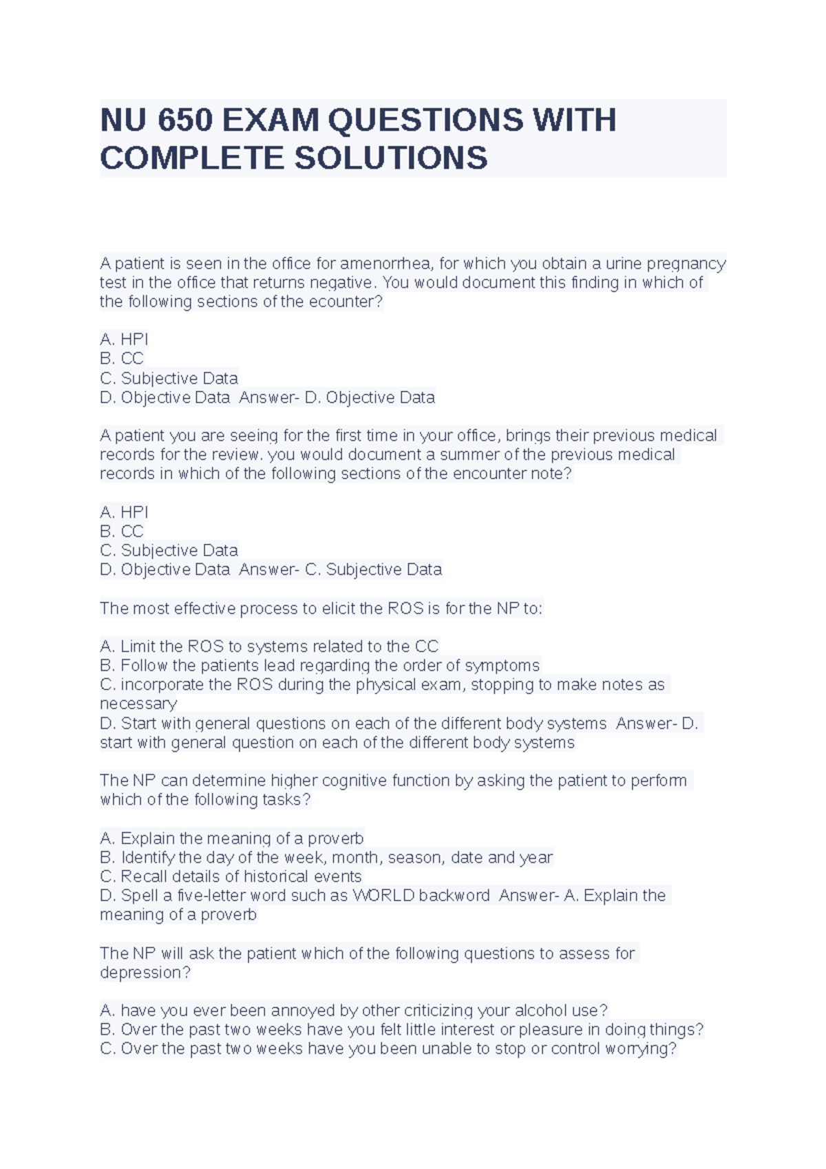 NU 650 EXAM Questions WITH Complete Solutions - NU 650 EXAM QUESTIONS ...