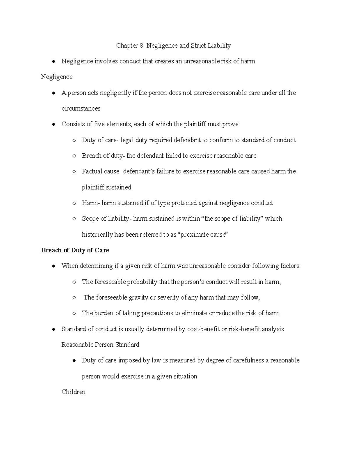 Chapter 8 Notes - Chapter 8: Negligence and Strict Liability Negligence ...