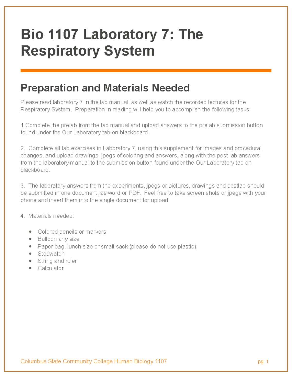 Bio 1107 laboratory 7 The Respiratory System - BIO1107 - CSCC - Studocu