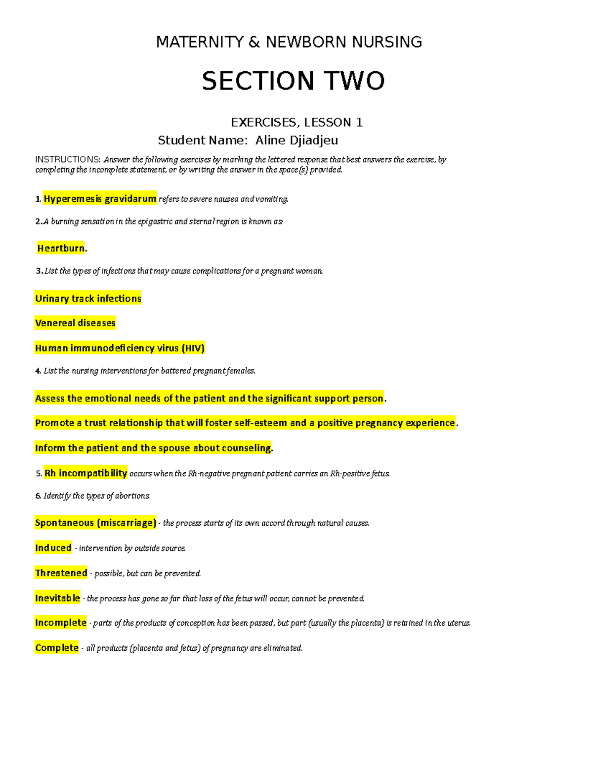 Maternity homework part two (1) - MATERNITY & NEWBORN NURSING SECTION ...