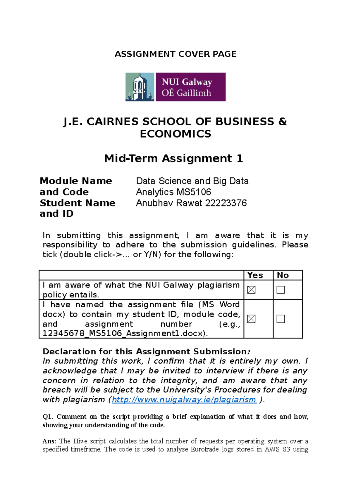 22223376 MS5106 Assignment 1 - ASSIGNMENT COVER PAGE J. CAIRNES SCHOOL ...