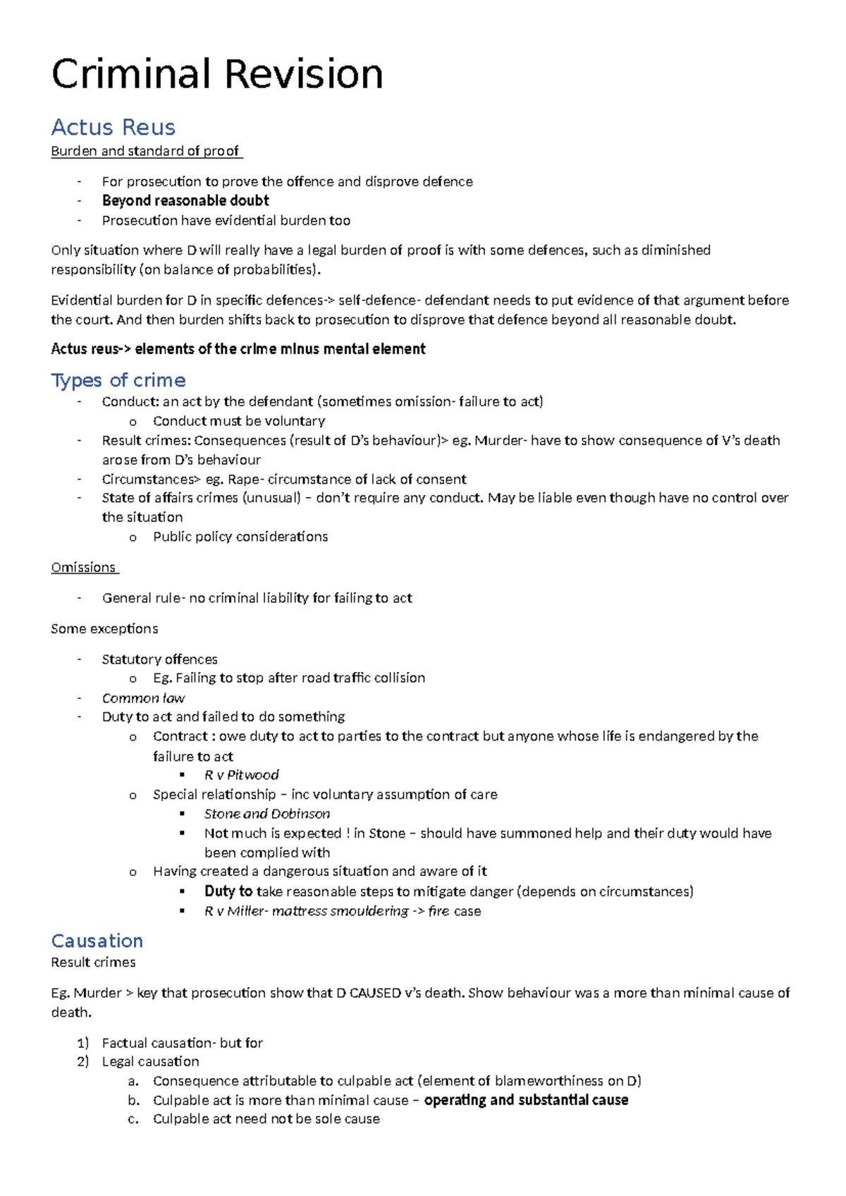 Criminal revision notes - Criminal Revision Actus Reus Burden and ...