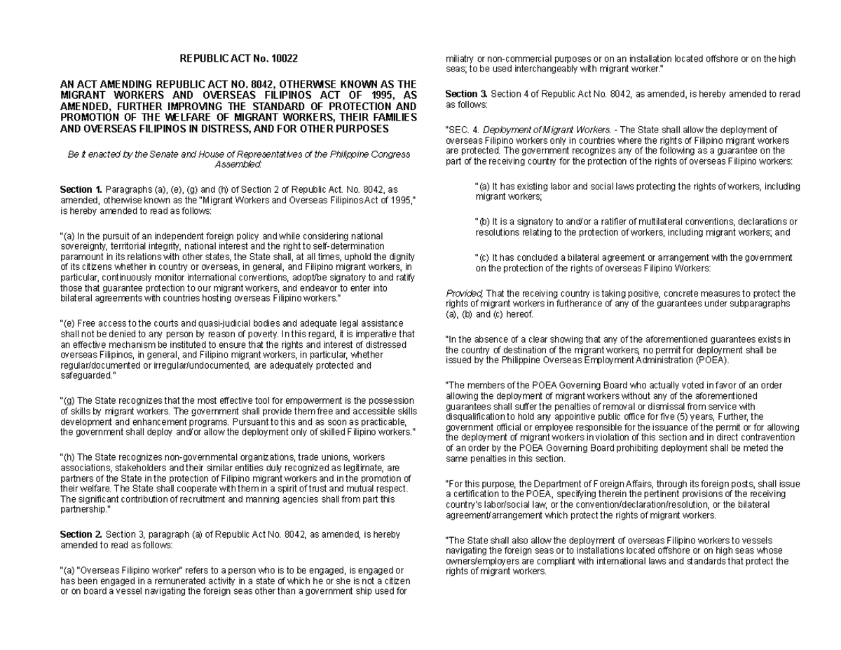 RA 10022 - Illegal Recruitment and Trafficking - REPUBLIC ACT No. 10022 ...
