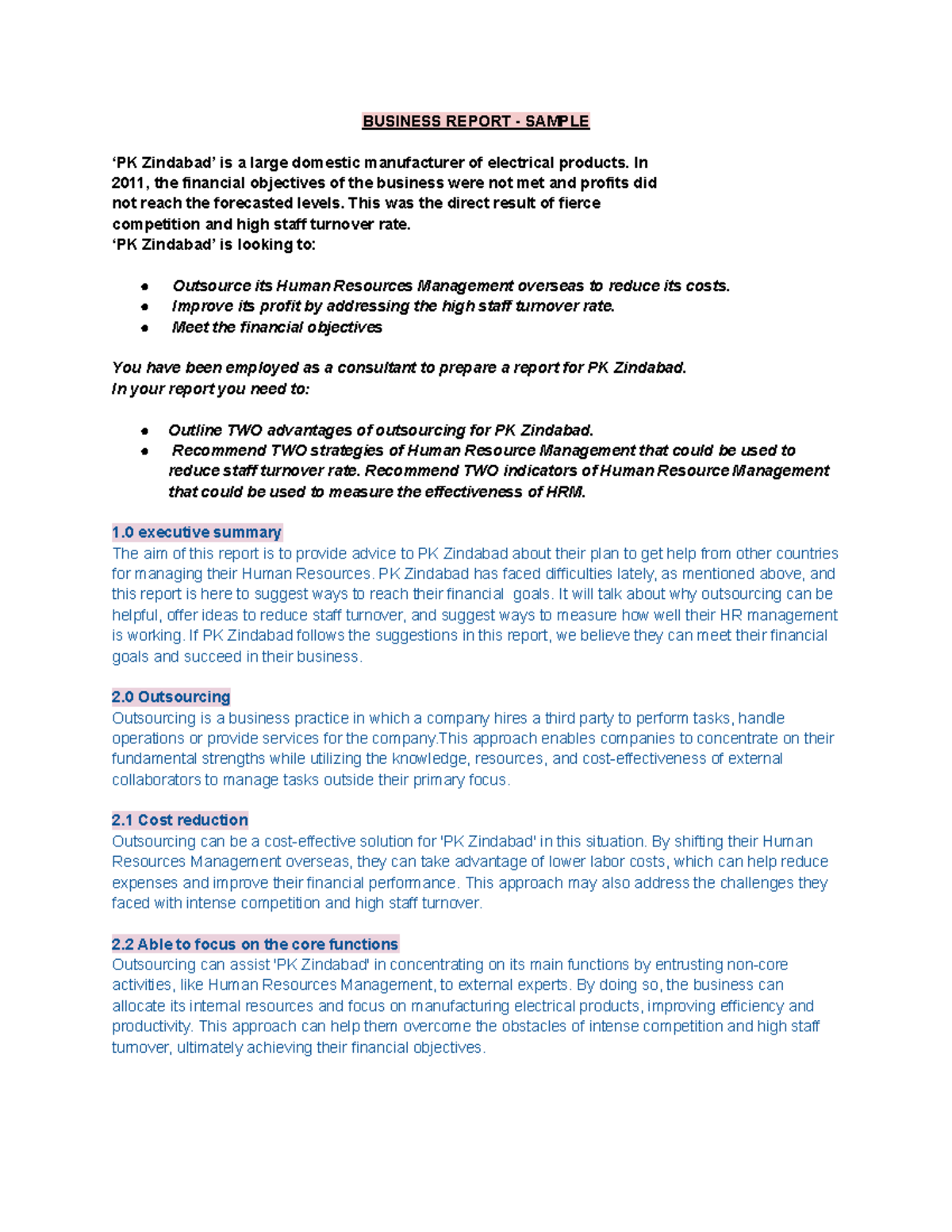 Business Report - Sample-2 - BUSINESS REPORT - SAMPLE ‘PK Zindabad’ is ...