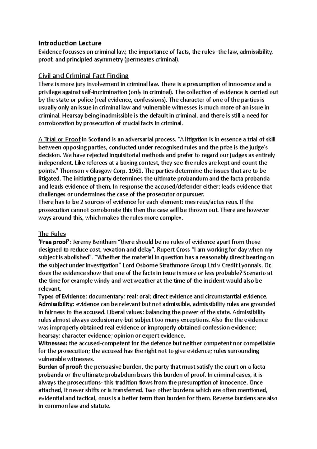 Evidence - Lecture notes 1-10 - Introduction Lecture Evidence focusses ...