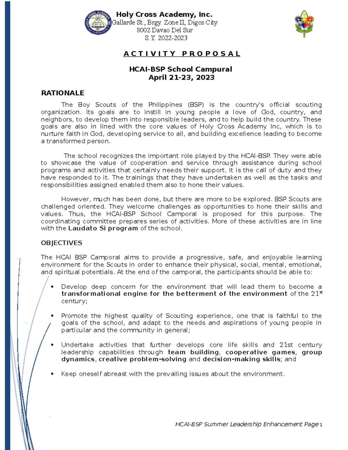 BSP School Camporal Program Proposal - Holy Cross Academy, Inc ...