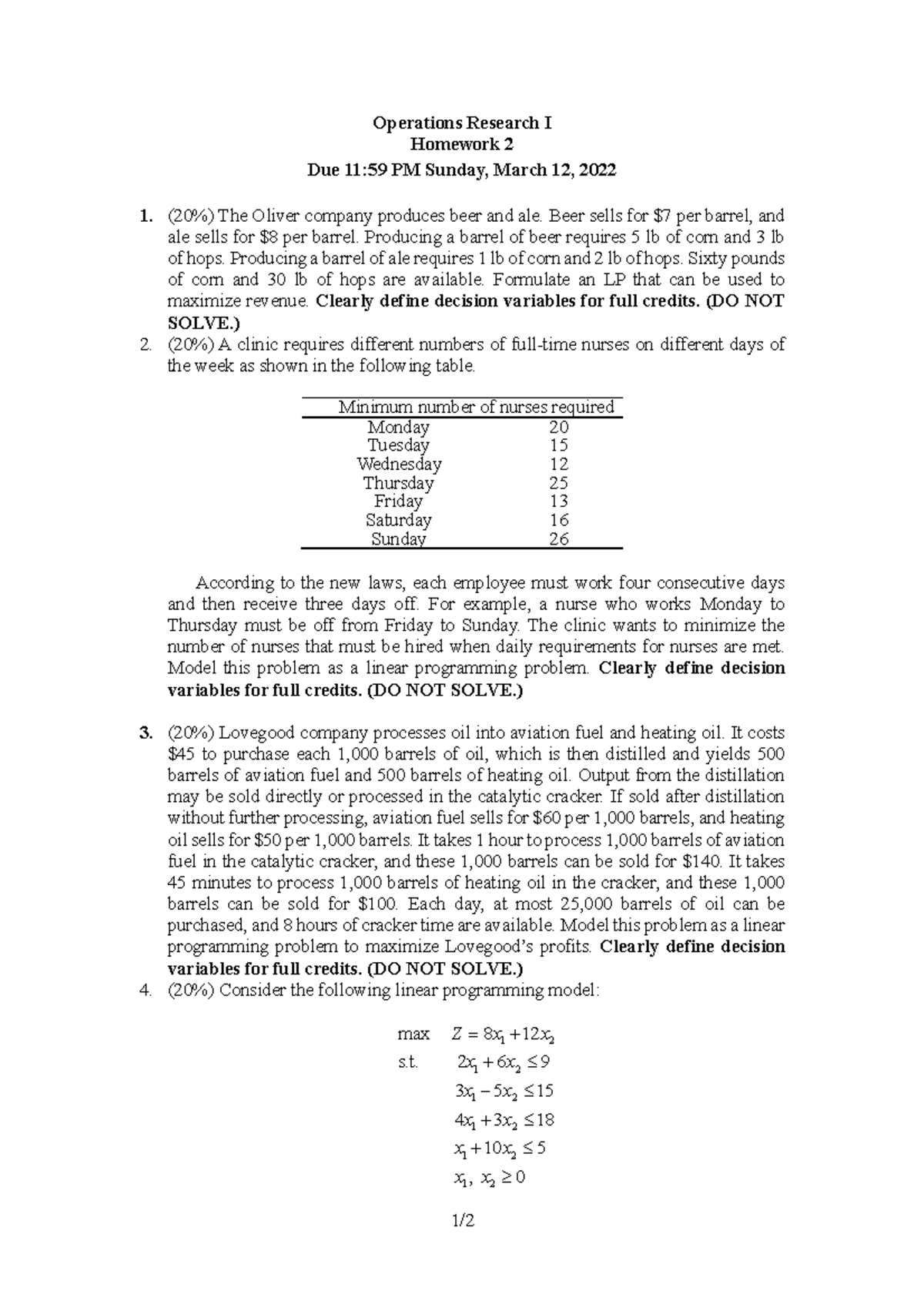 2022W OR1 Homework 02 - operation research - 1/ Operations Research I ...