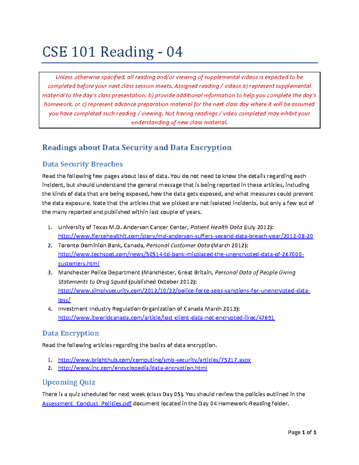 Day04 Readings - Page 1 of 1 CSE 101 Reading - 04 Unless otherwise specified, all reading and/or ...