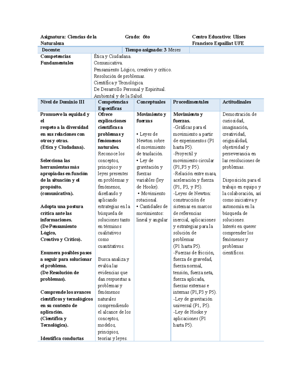 6to Planificación Movimiento - Asignatura: Ciencias de la Naturaleza ...