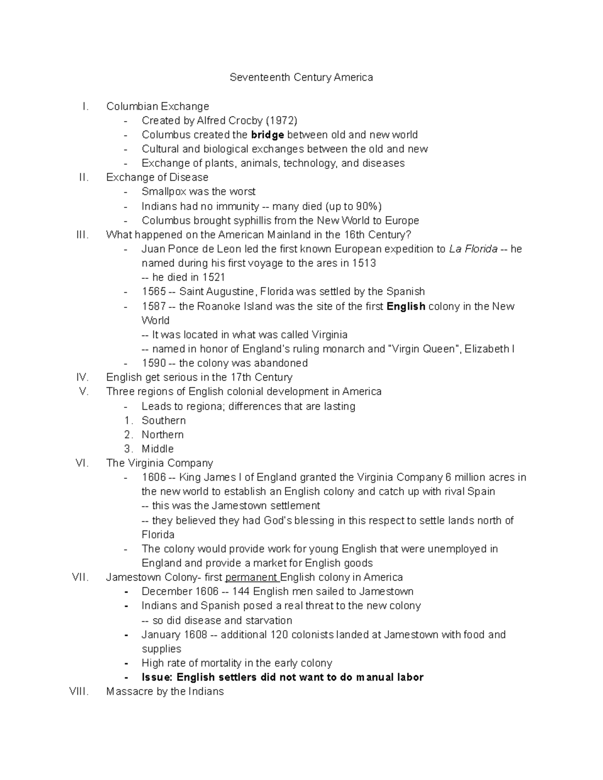 2021- American History- Notes - Seventeenth Century America I ...