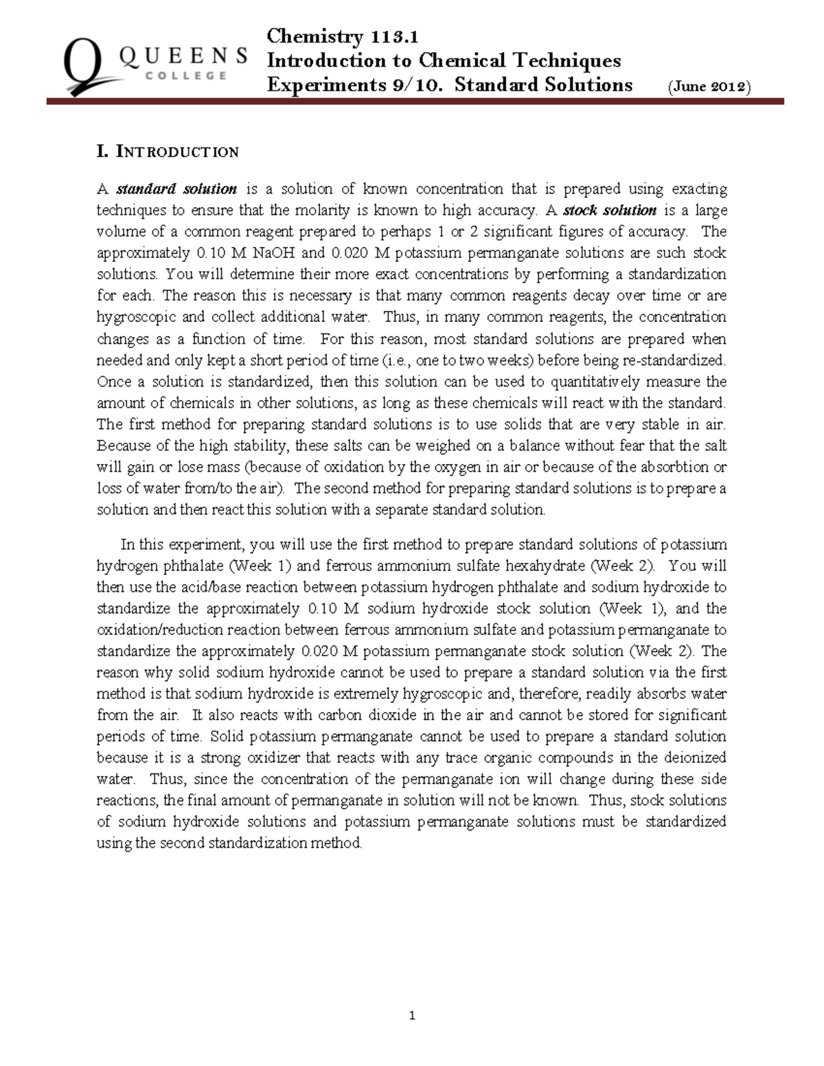 Experiment 10 Standard Solutions(1) - Introduction to Chemical ...