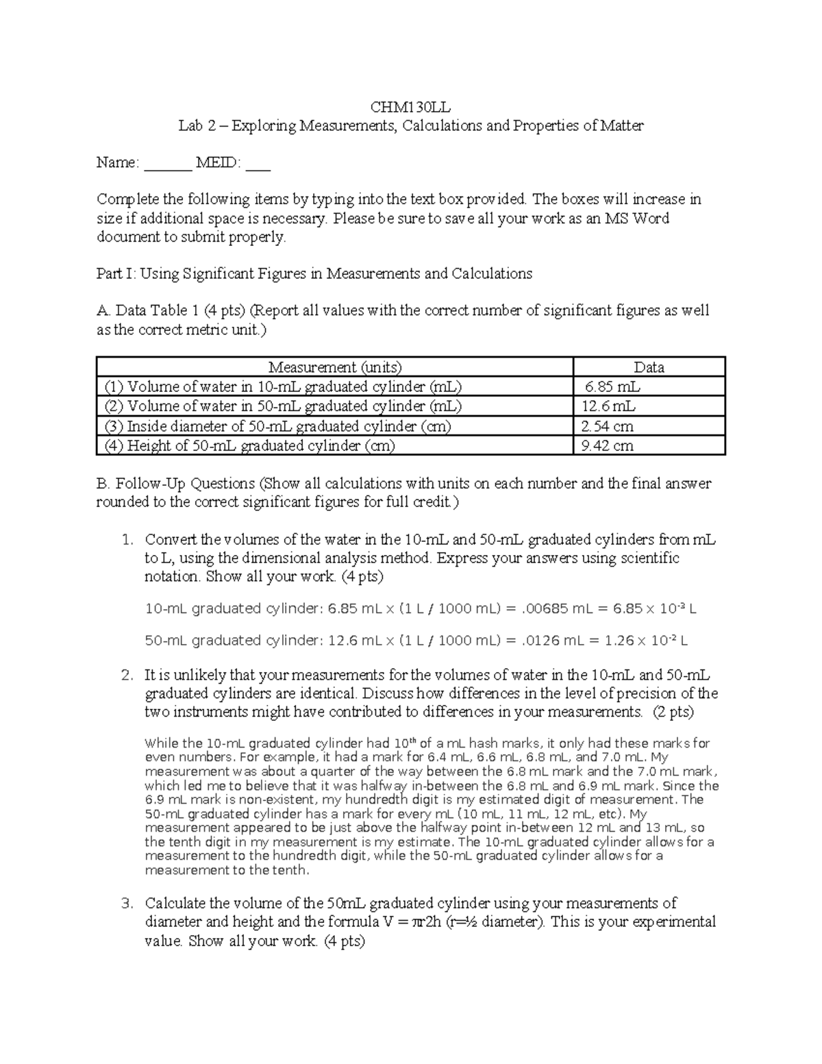 Lab 2 - CHM151LL LAB - CHM130LL Lab 2 – Exploring Measurements ...