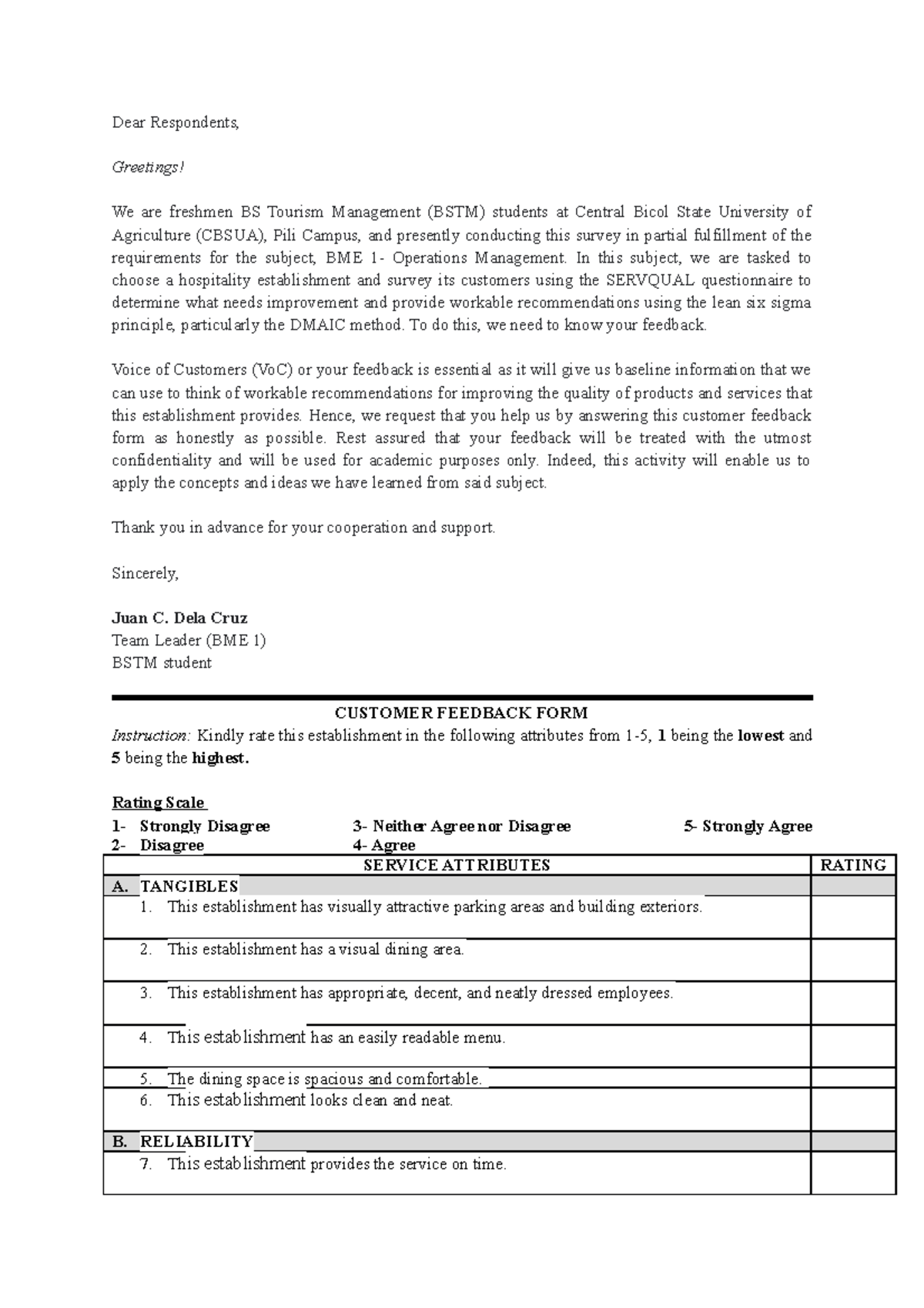 Customer Survey Questionaire-for food establishments - Dear Respondents ...