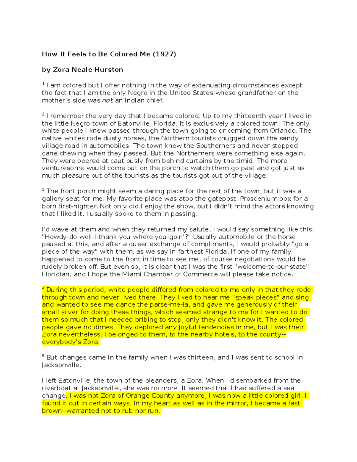 Hurston How It Feels to Be Colored Me - How It Feels to Be Colored Me ...