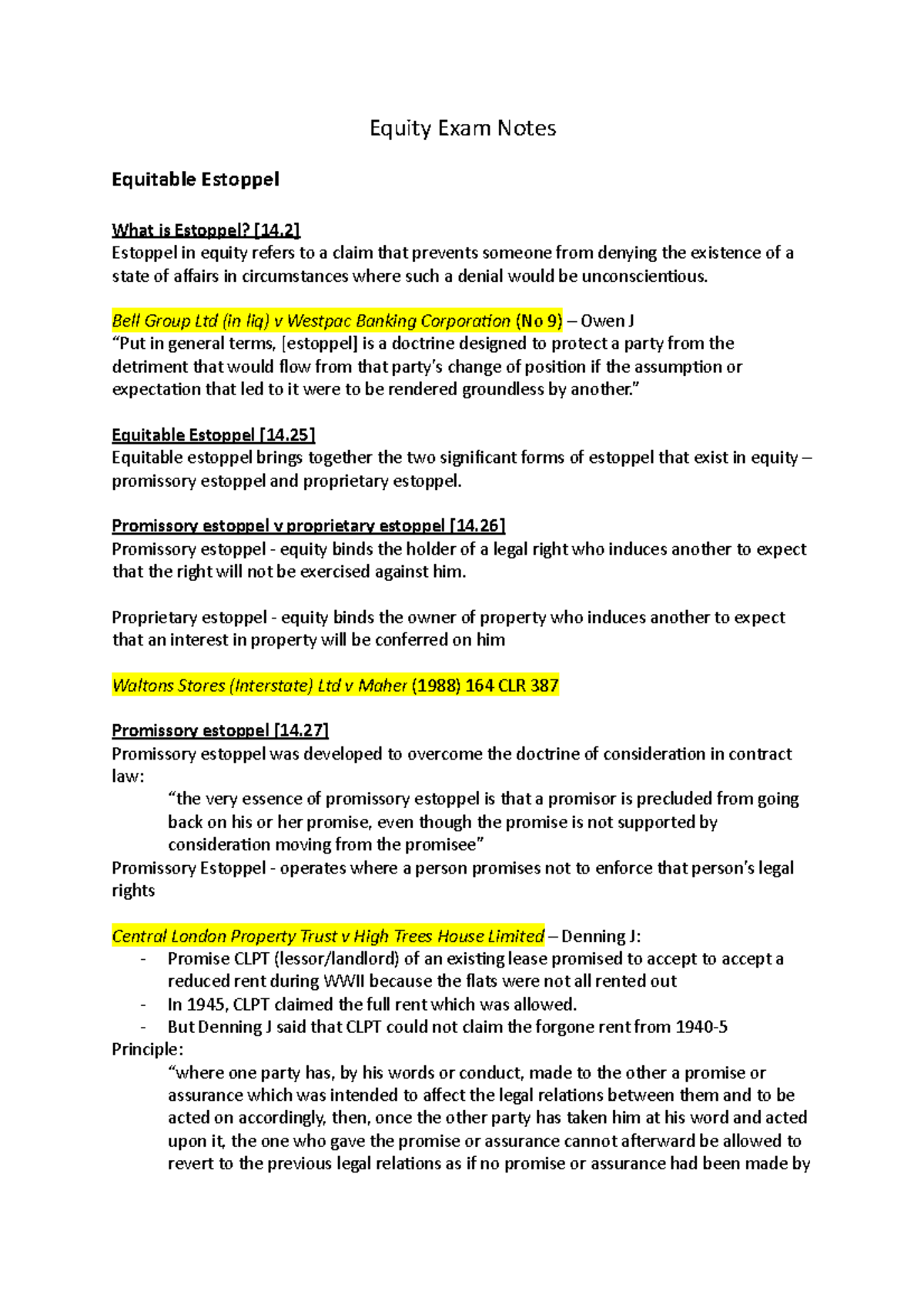 Equity Exam Notes - Equity Exam Notes Equitable Estoppel What is ...