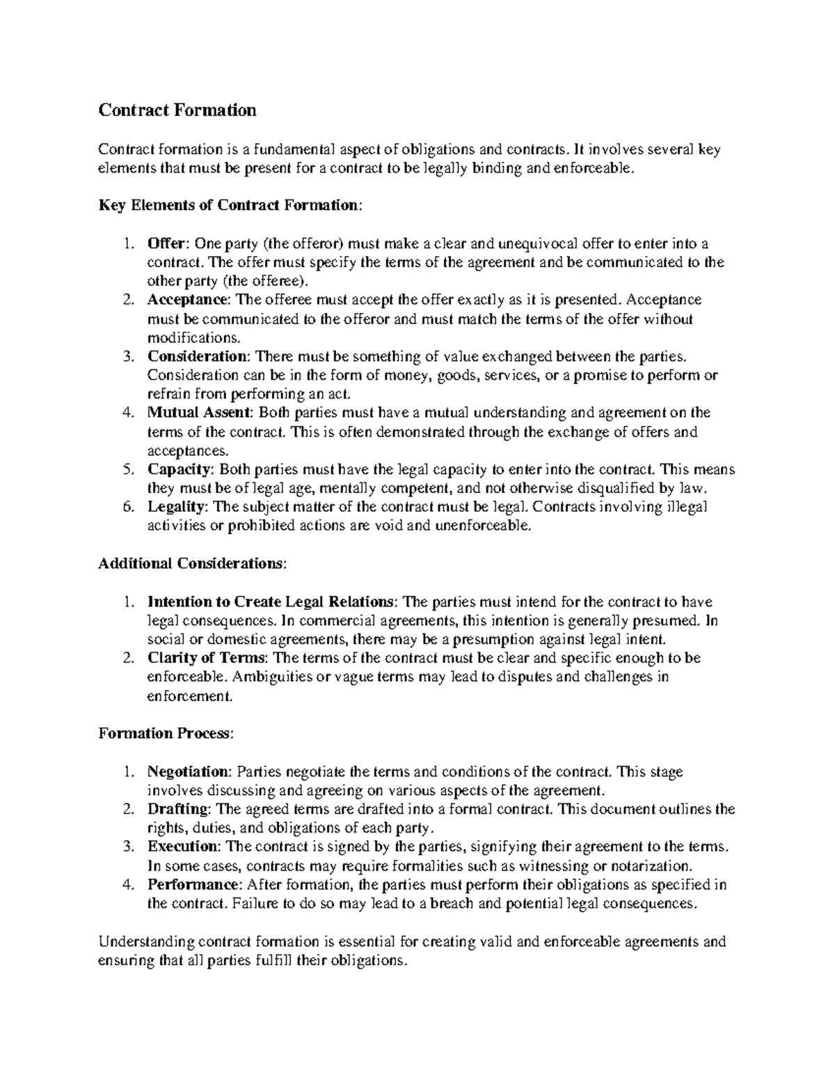Contract formation is a fundamental aspect of obligations and contracts ...