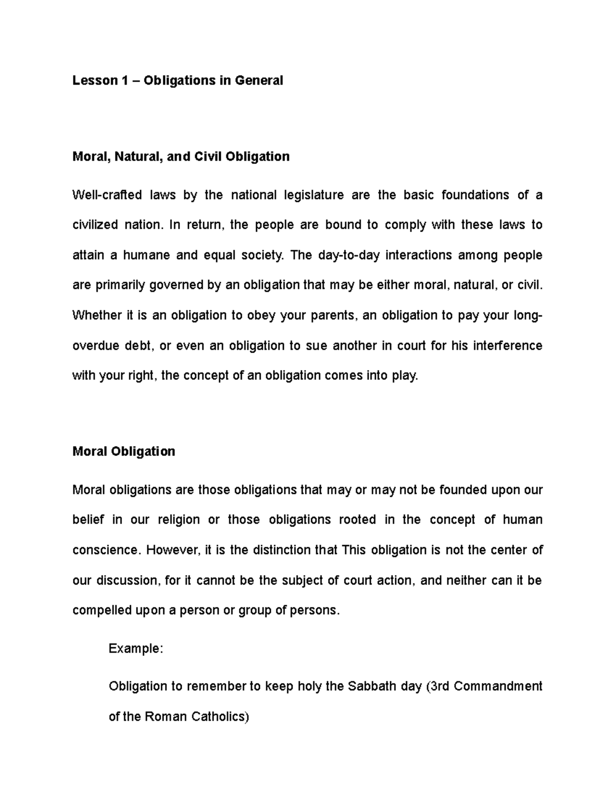 Lesson - science notes - Lesson 1 – Obligations in General Moral ...