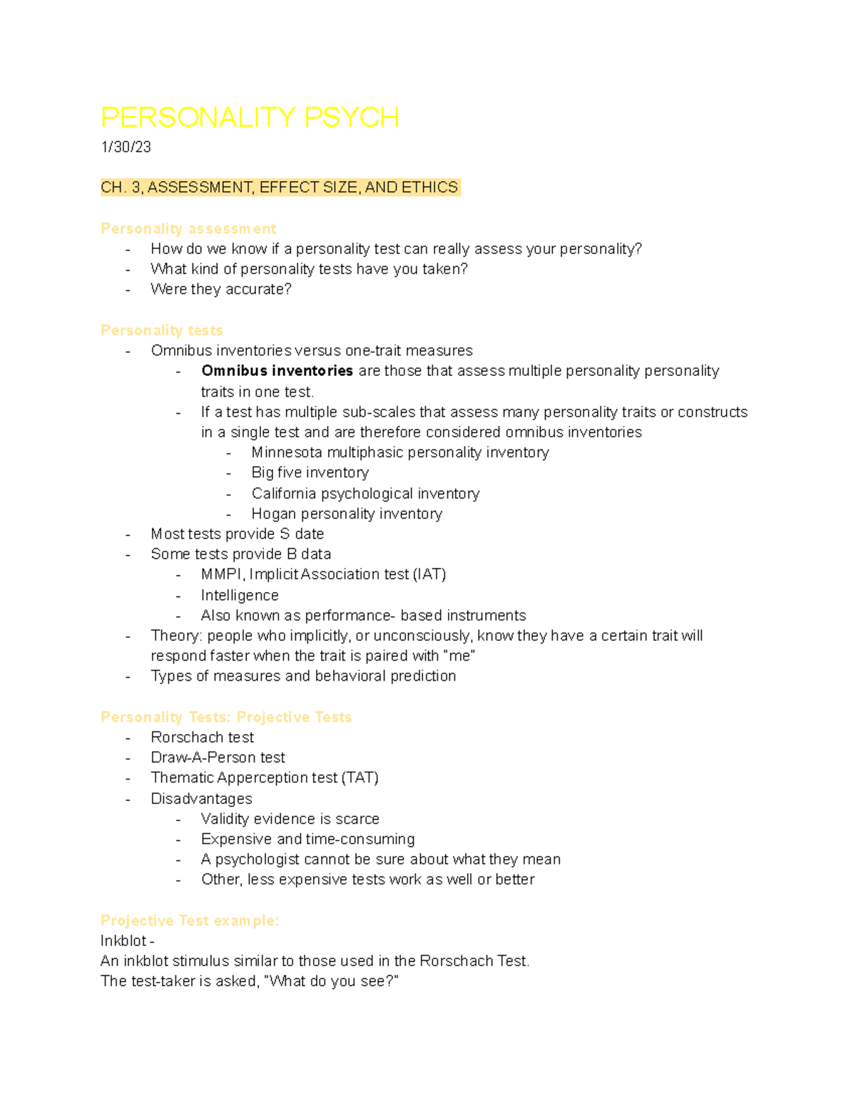 Personality psych ch 3 - lecture notes from class time - PERSONALITY ...