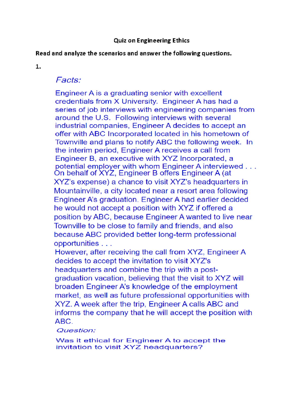 Engineering Ethics - quiz - Quiz on Engineering Ethics Read and analyze ...