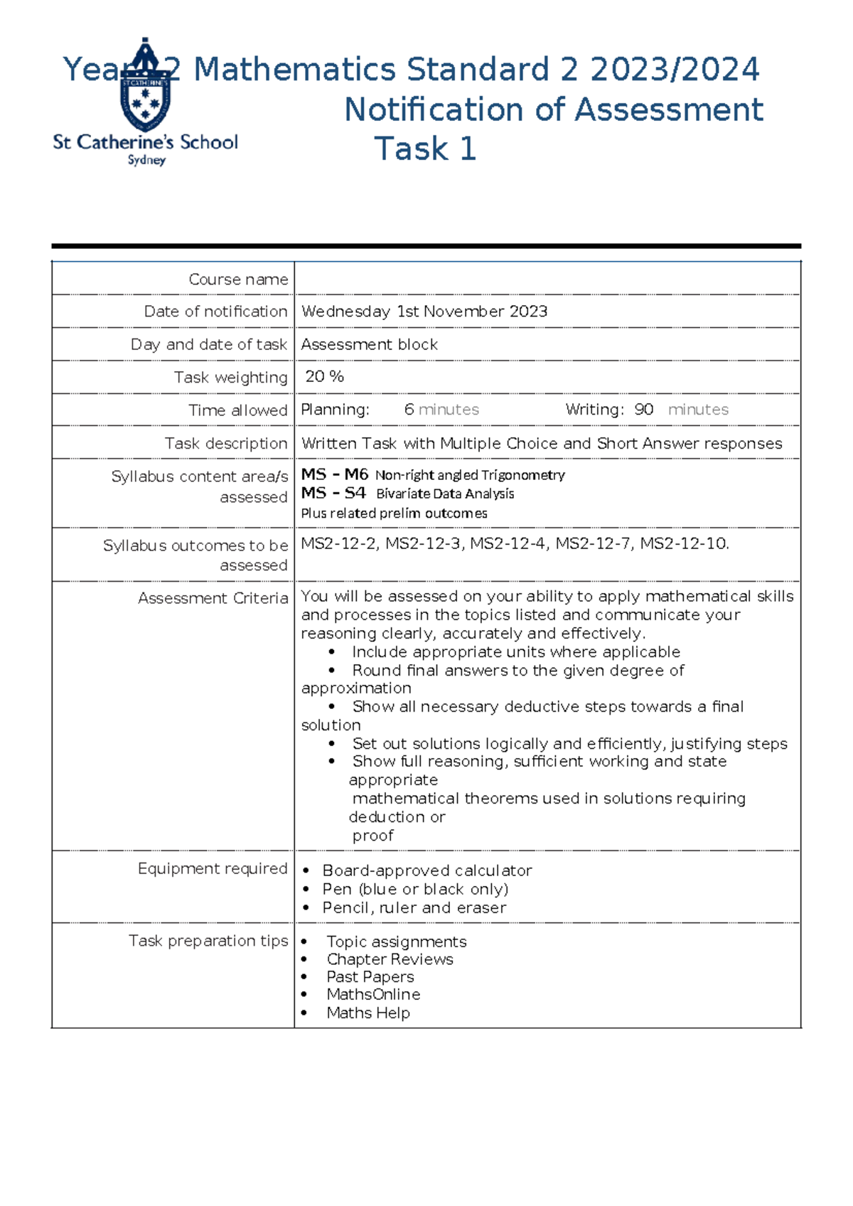 Task 1 Mathematics Standard 2 Yr12 notification 2024 - Year 12 ...