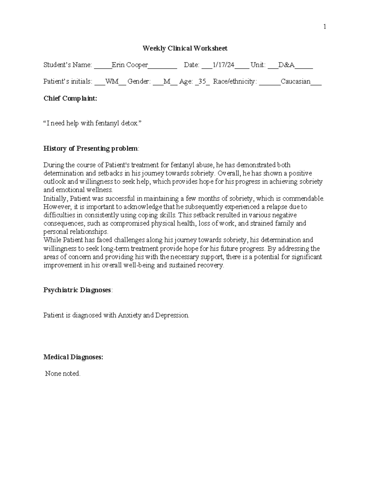 Clinical Worksheet (1) (2) (Auto Recovered) - Weekly Clinical Worksheet ...