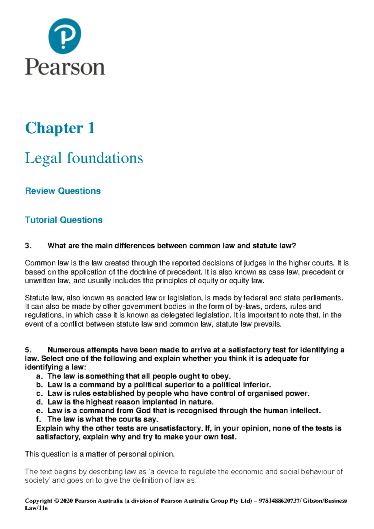 Business Law Solutions - Tutorial 1 - Copyright © 2020 Pearson ...