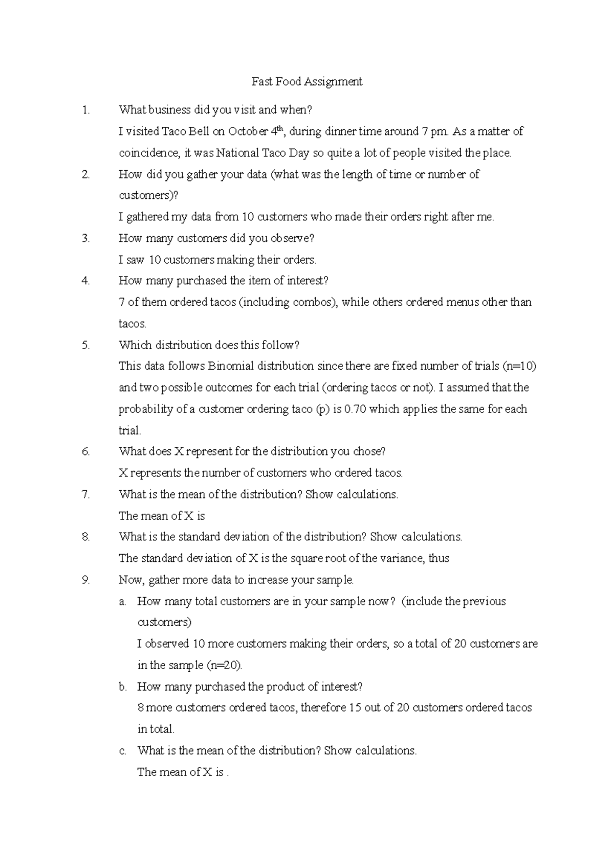 Fast Food Assignment - Fast Food Assignment What business did you visit ...