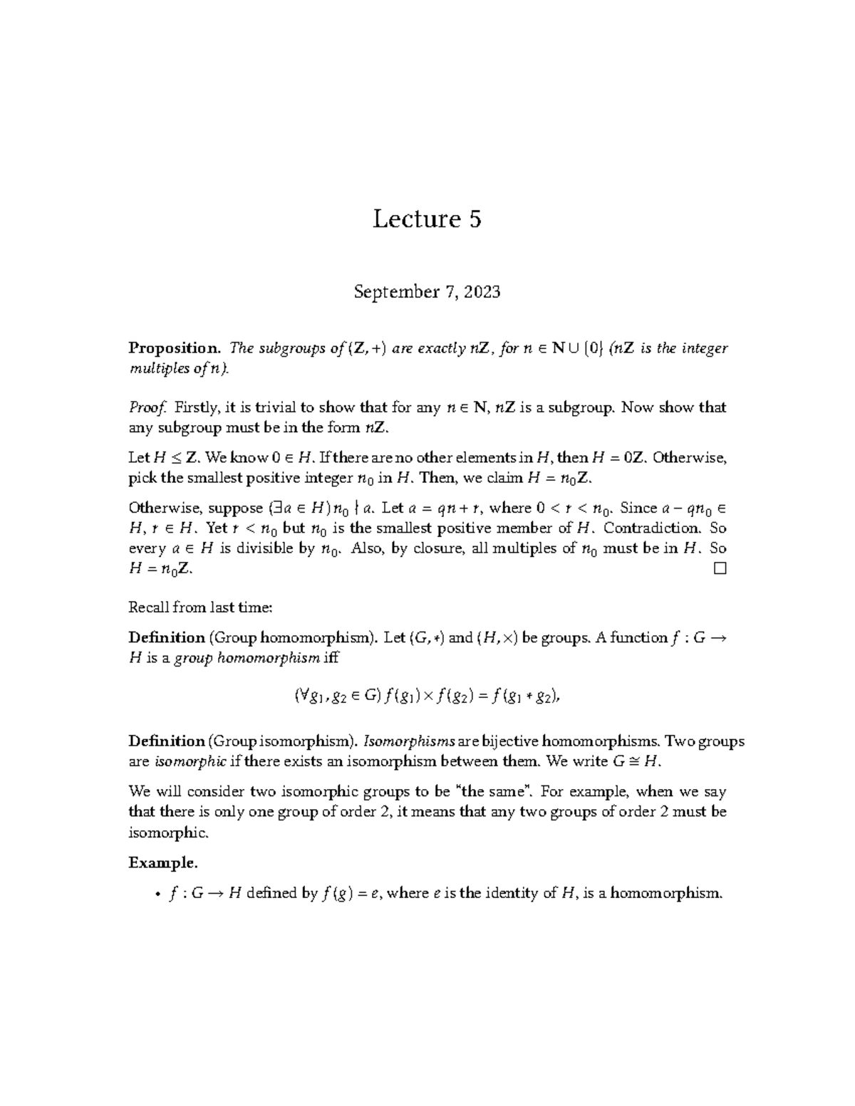 Lecture 5-2 - Lecture 5 September 7, 2023 Proposition. The subgroups of (Z, +) are exactly nZ ...
