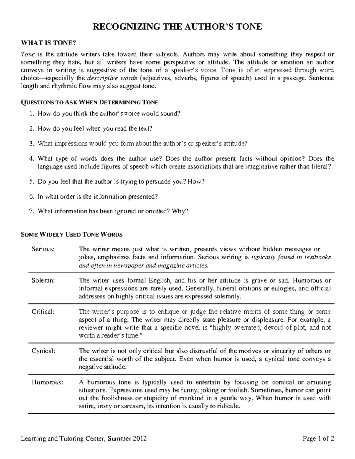 Recognizing tone of the author - Learning and Tutoring Center, Summer ...