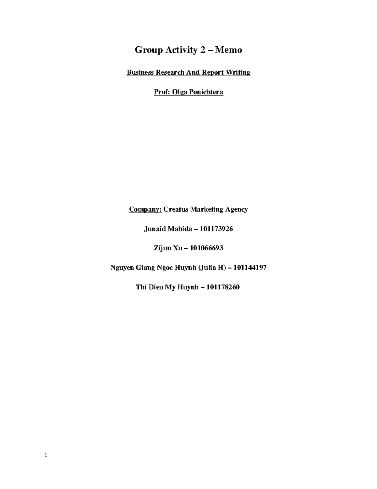 Group Activity 2 - Memo - Group Activity 2 – Memo Business Research And ...