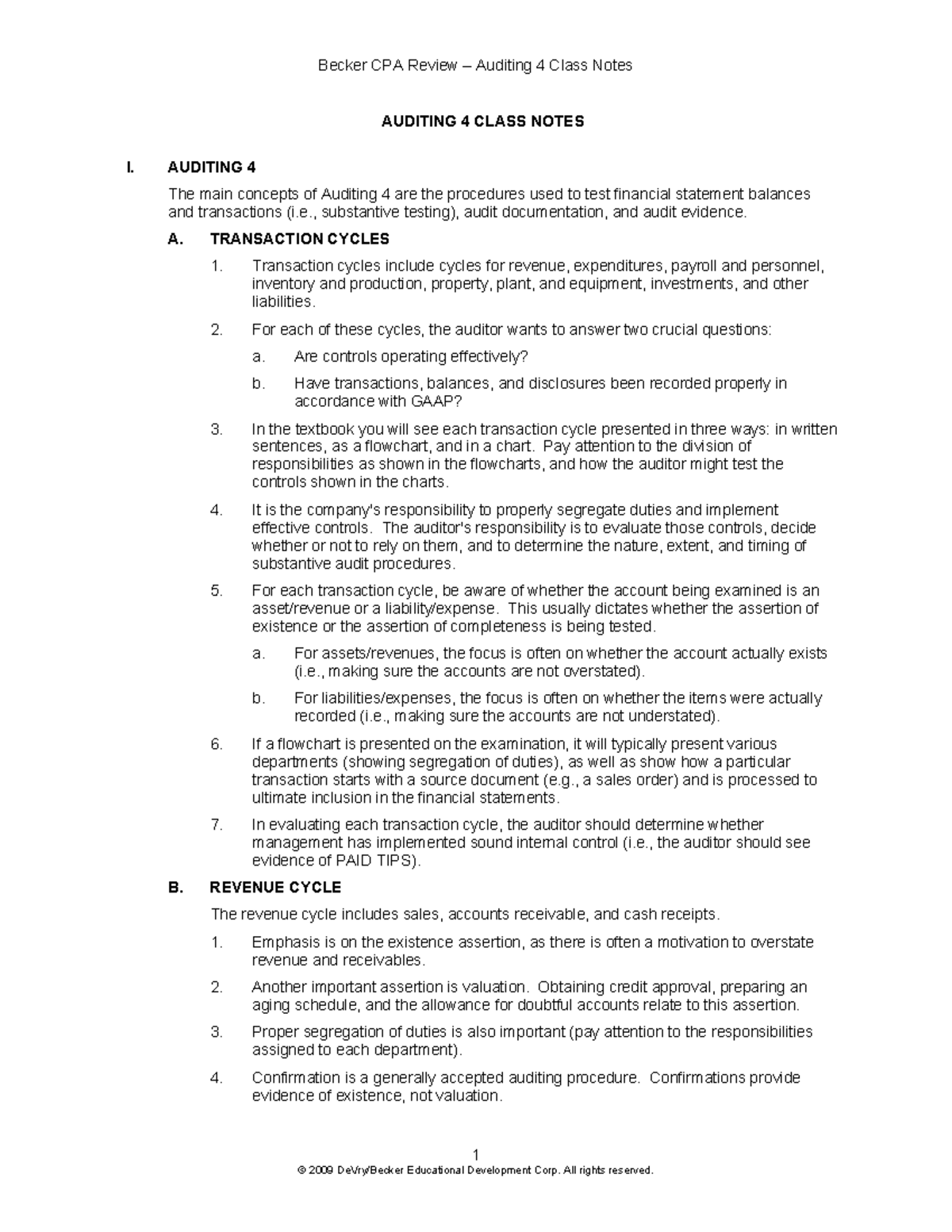 2009 A-4 Class Notes - 1 AUDITING 4 CLASS NOTES I. AUDITING 4 The main ...