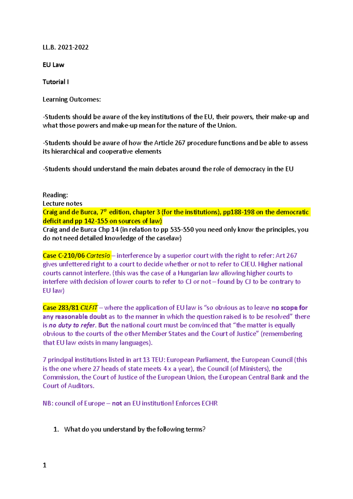 Notes EU 2021-22 Tutorial I final - LL. 2021- EU Law Tutorial I ...