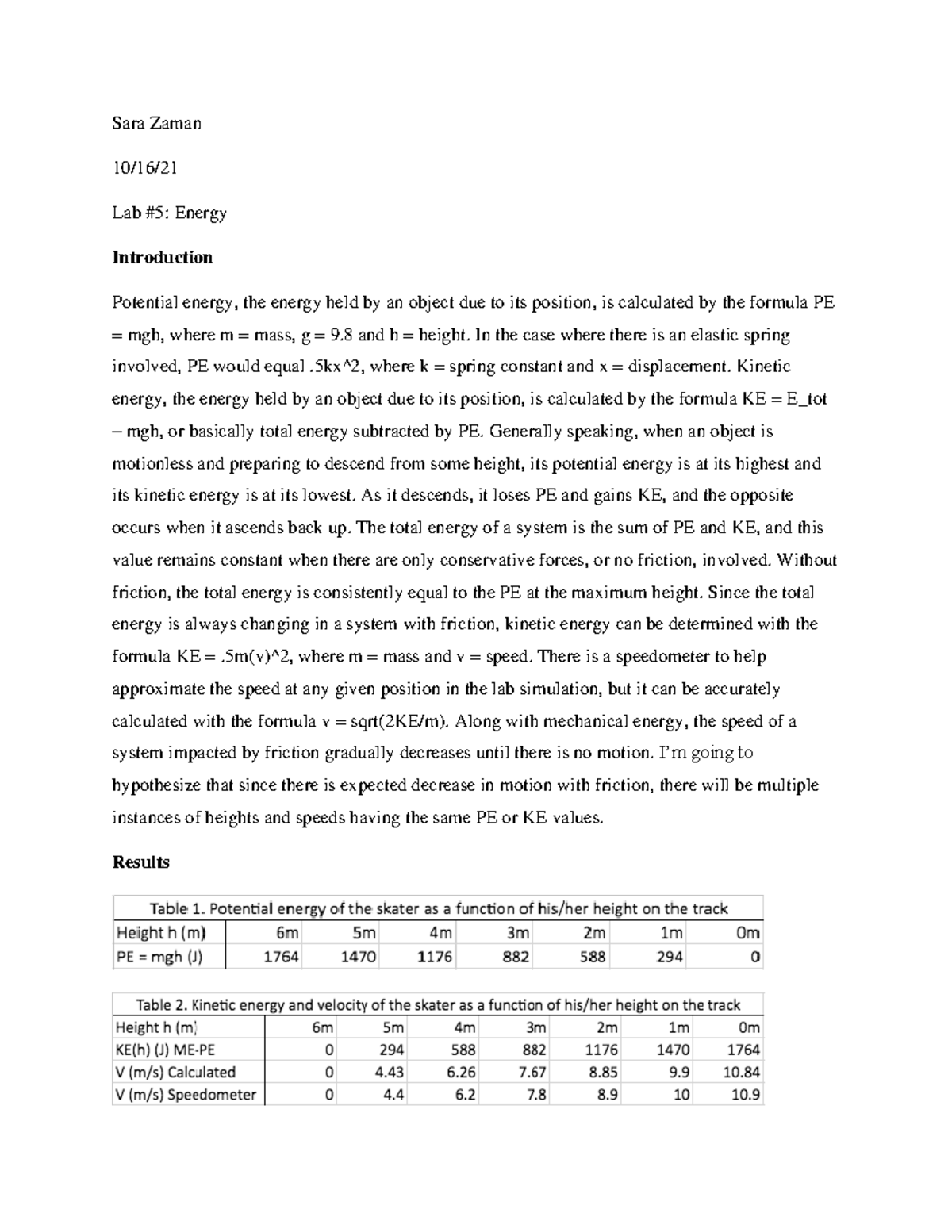 Lab 5 Energy - lab report - Sara Zaman 10/16/ Lab #5: Energy ...